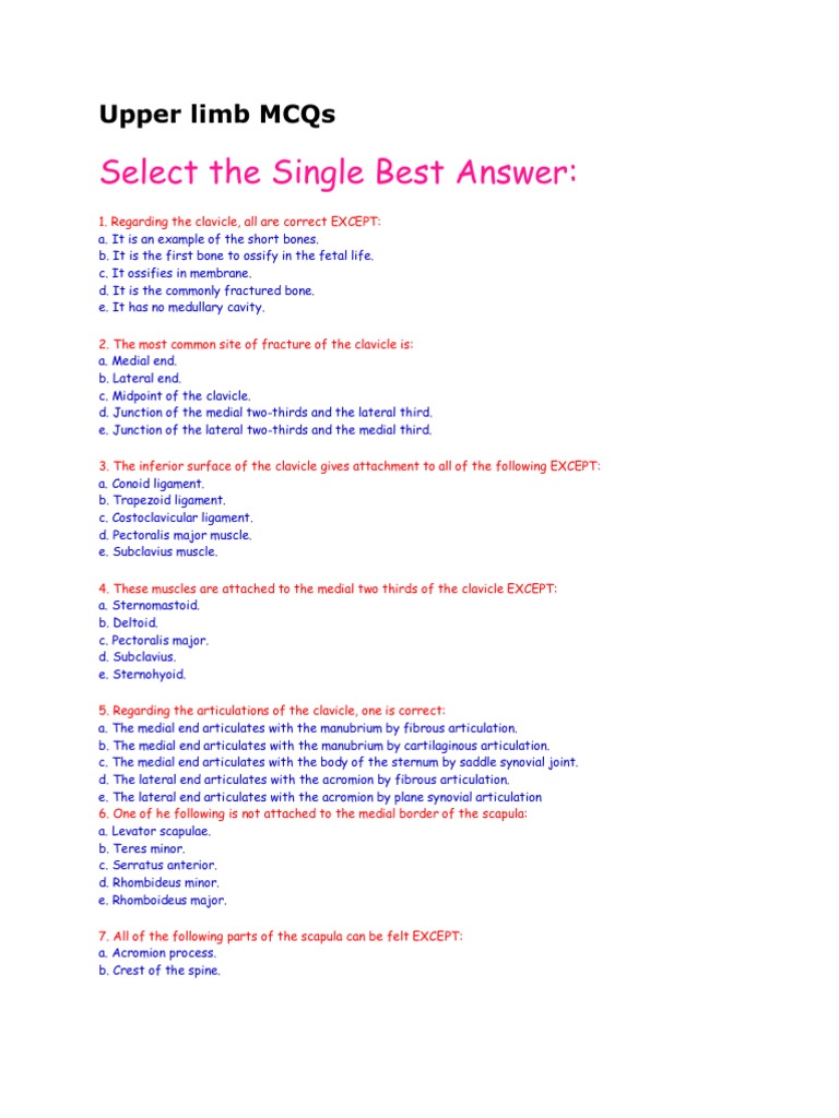 Upper Limb MCQs | PDF | Arm | Human Anatomy