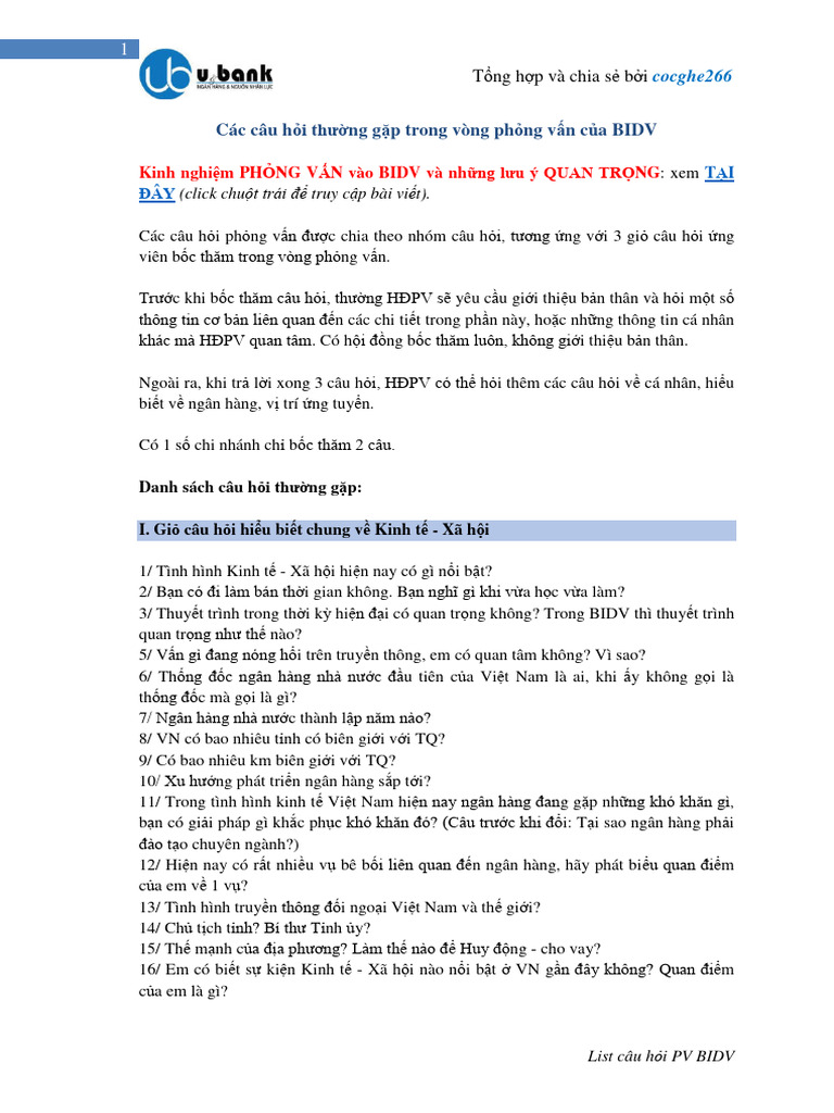 (Edus365) BIDV - Cac Cau Hoi Thuong Gap Trong Vong PV Ver2 | PDF
