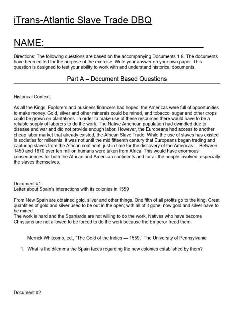Full Copy 1-10 of The Trans Atlantic Slave Trade DBQ | PDF | Slavery | Atlantic Slave Trade