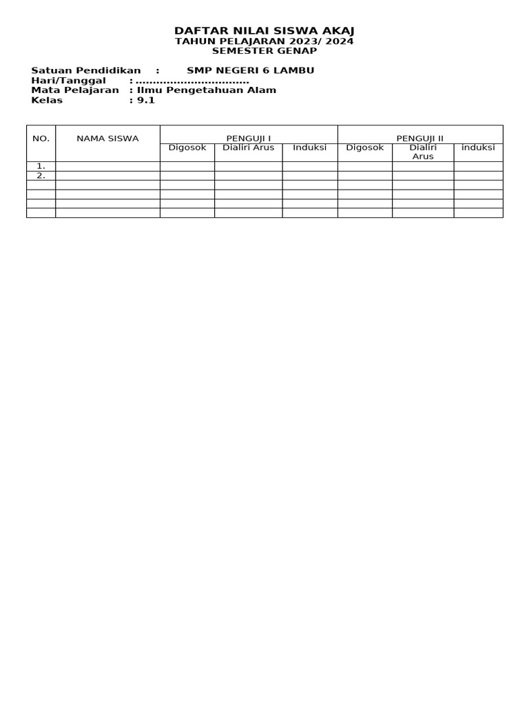 Daftar Nilai Siswa Akaj | PDF