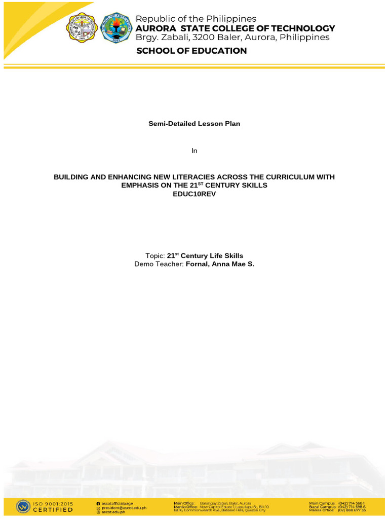 21st Century Life Skills Lesson Plan | PDF | Teachers | Social Skills