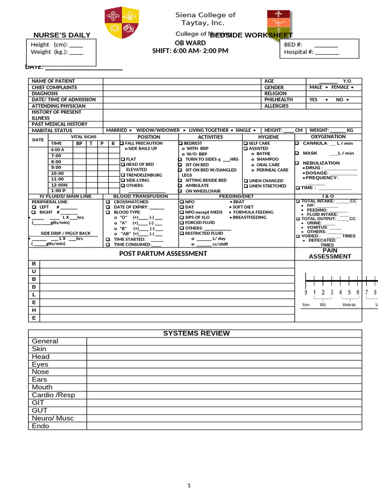 Nurse Worksheet Ob Ward | PDF | Pain | Pain Management
