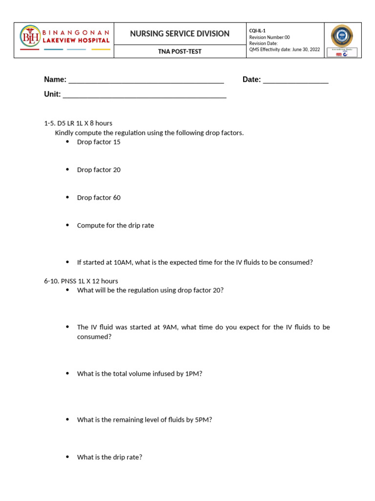 TNA POST TEST | PDF | Intravenous Therapy | Clinical Medicine