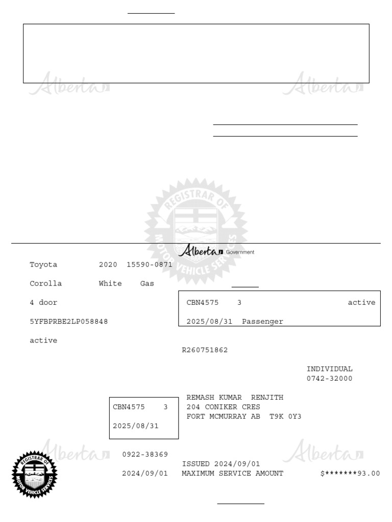 Government of Alberta: Vehicle Registration Certificate | PDF | Vehicle ...