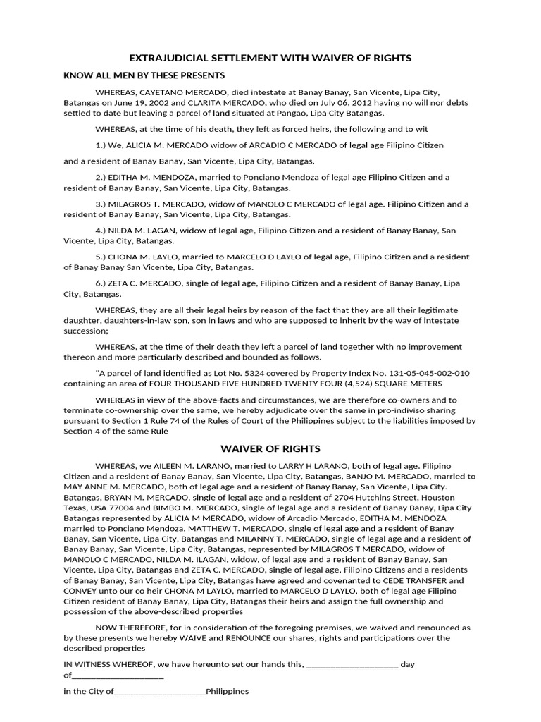 Extrajudicial Settlement With Waiver of Rights | PDF | Natural ...
