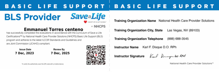 Bls Basic Life Support Certification Course Card | PDF