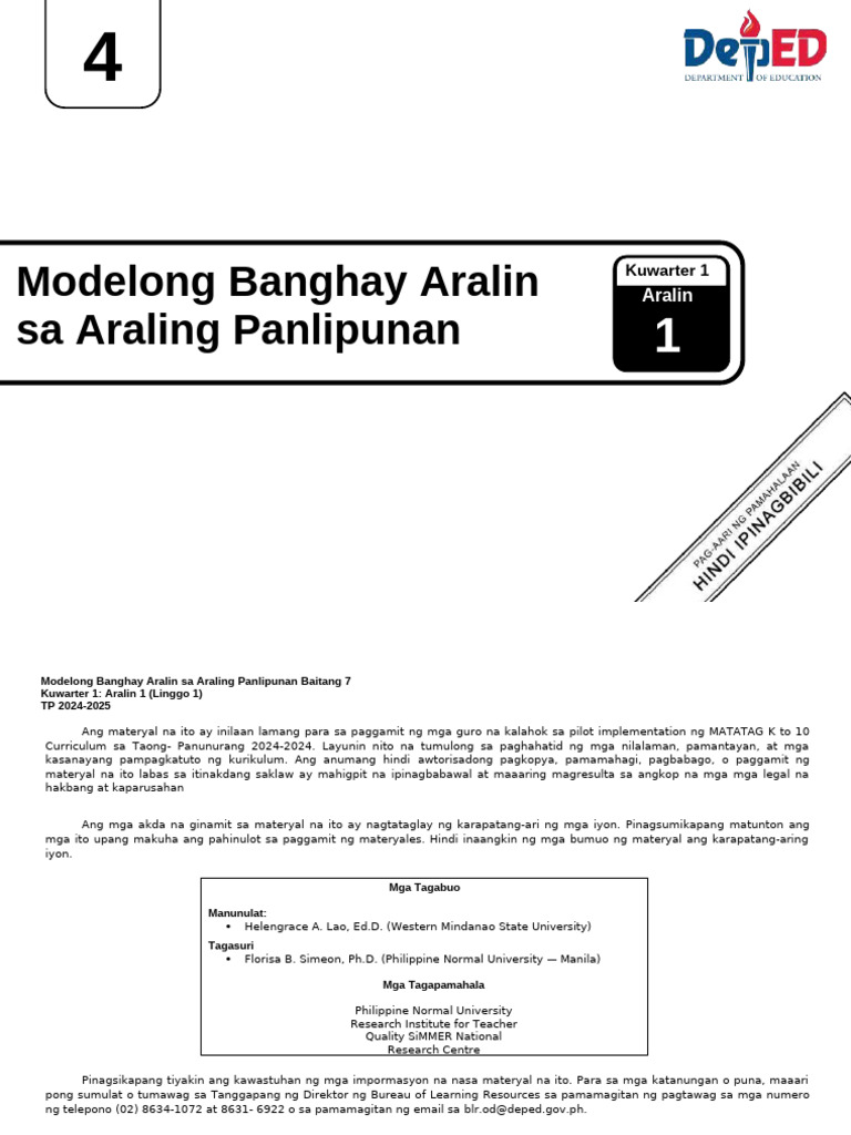 Q1 - LE - Araling Panlipunan 4 - Lesson 1 - Week 1 | PDF