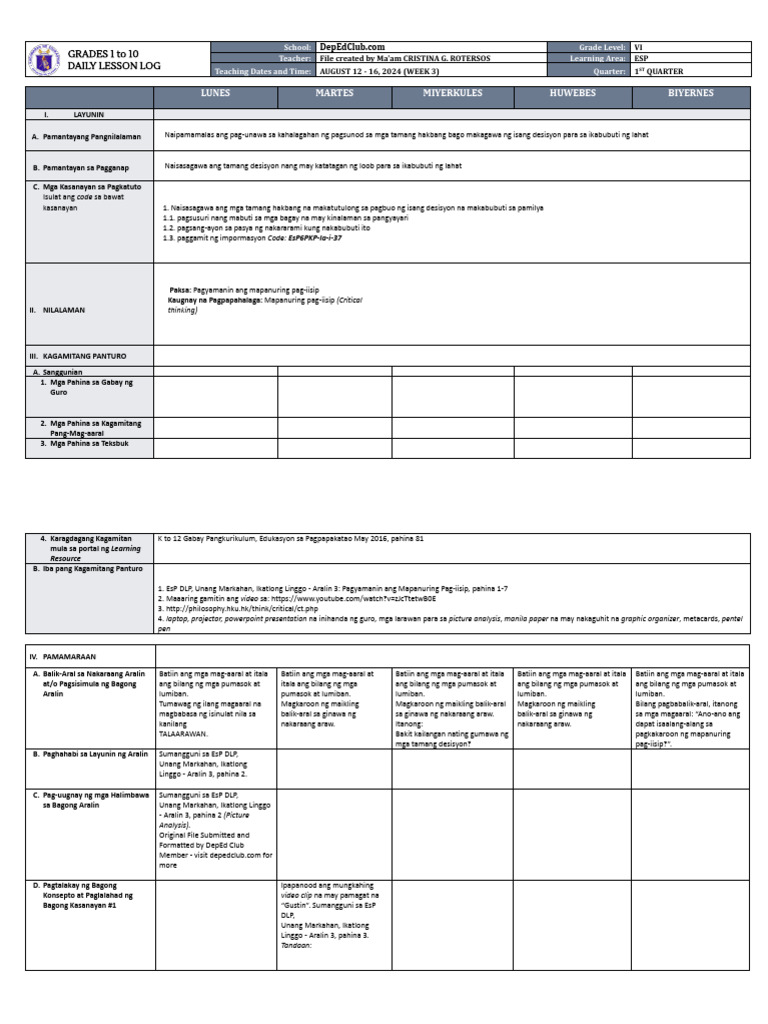 DLL - Edukasyon Sa Pagpapakatao 6 - Q1 - W3 | PDF