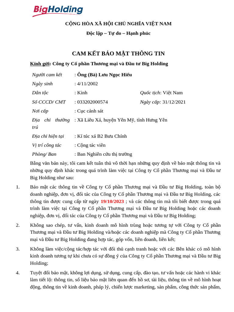 BMC 06. Mau Cam Ket Nhan Su | PDF
