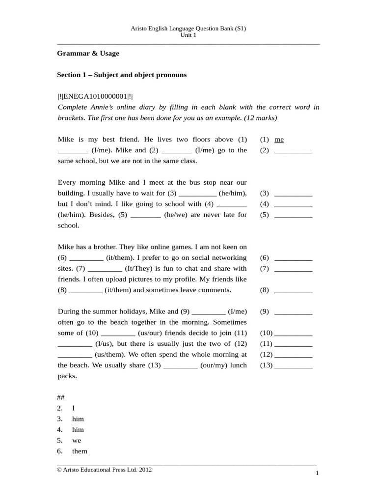English Pronouns Practice Exercises | PDF