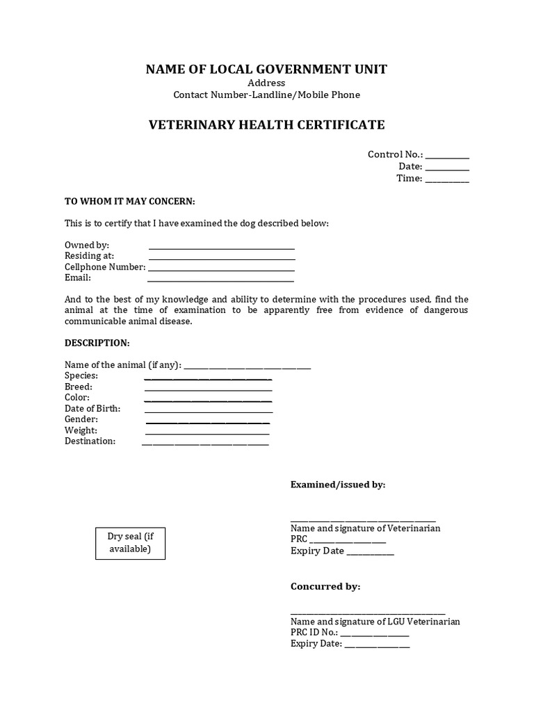 VETERINARY HEALTH CERTIFICATE For LGU | PDF
