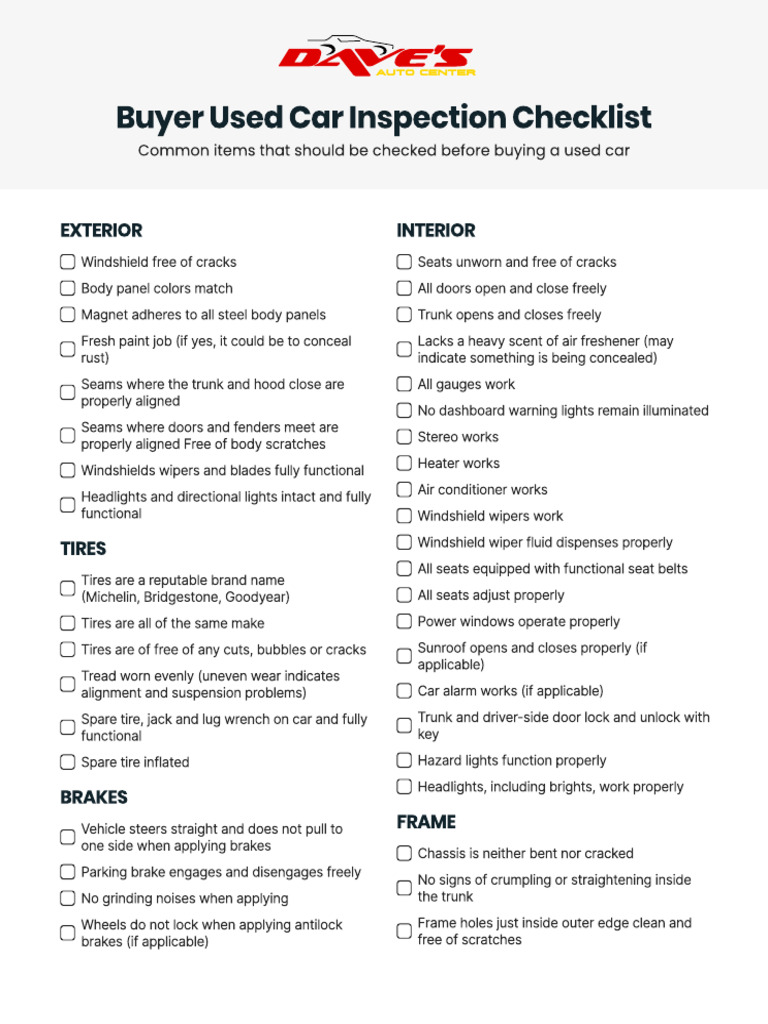 Buyer Used Car Inspection Checklist | PDF | Manual Transmission | Tire
