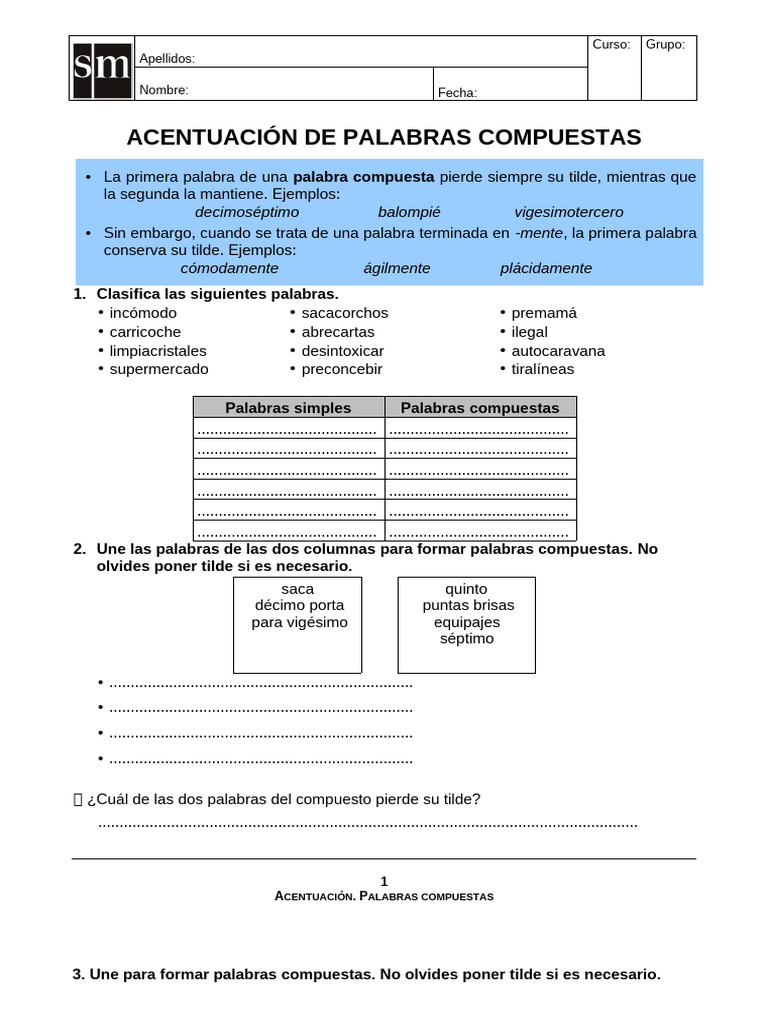 EJERCICIO Acentuacion - de - Palabras - Compuestas | PDF | Artes del ...