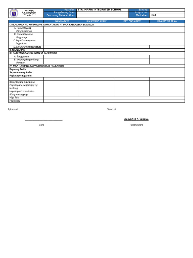 DLL Matatag Filipino Format | PDF