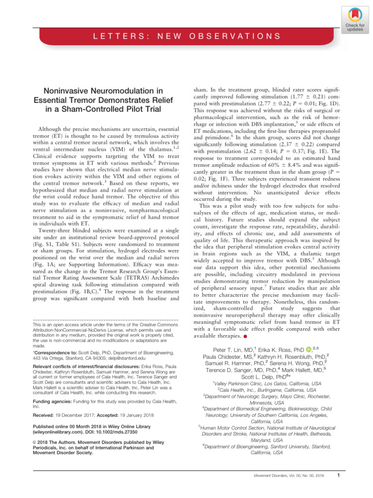 Noninvasive Neuromodulation in Essential Tremor Demonstrates Relief in ...