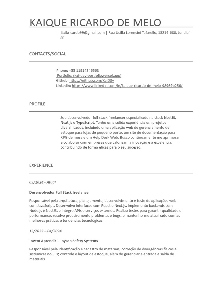 Currículo Dev - Kaique R. Melo | PDF | Script Java | Arquitetura de sistemas