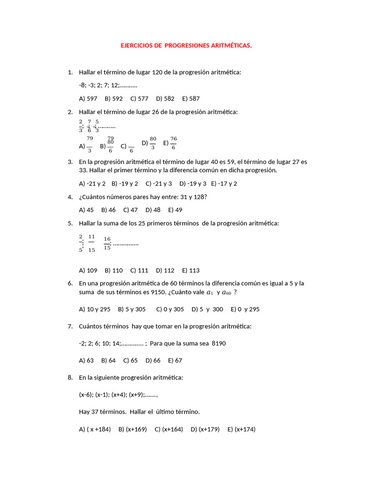 EJERCICIOS DE PROGRESIONES ARITMÉTICAS | PDF