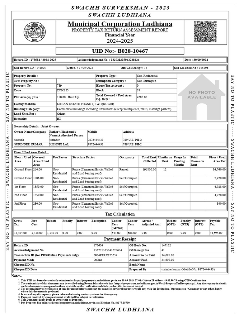 Property Tax - Receipt 2024-25 | PDF | Payments | Taxes