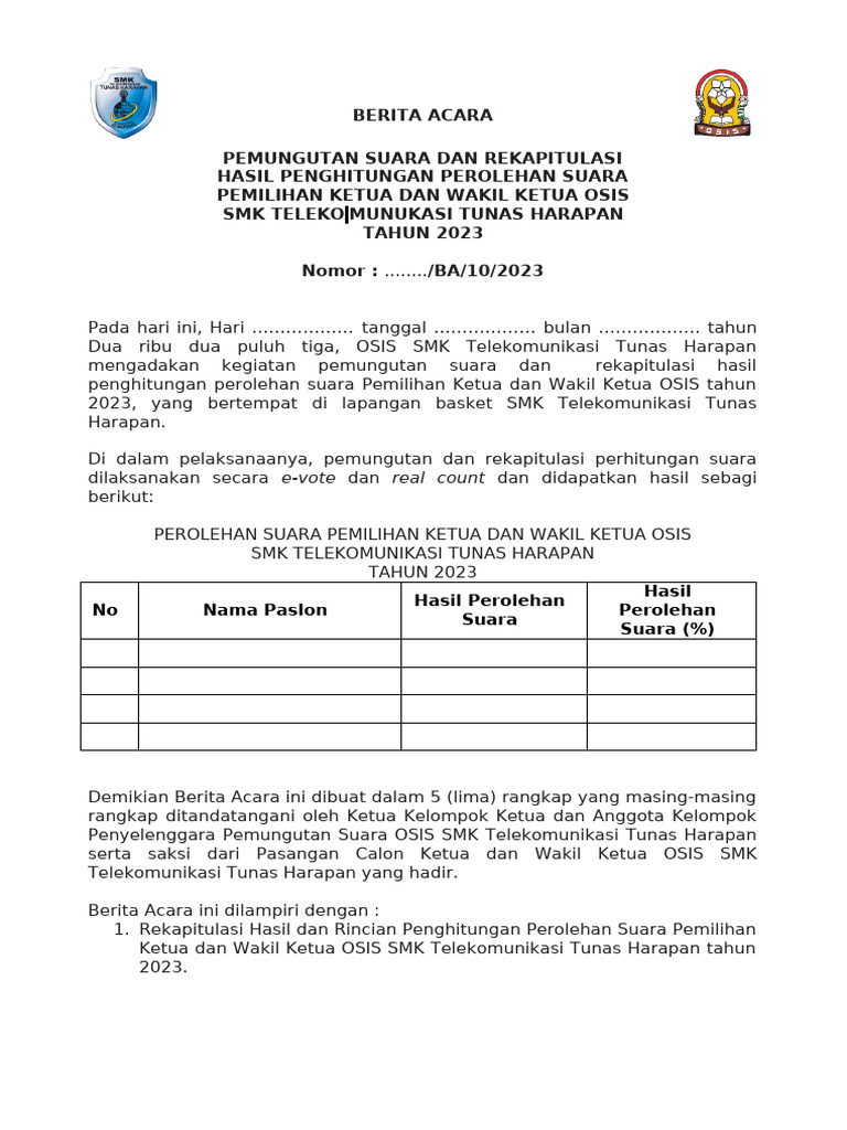 Berita Acara Pemungutan Dan Hasil Perhitungan Suara Pilketos | PDF