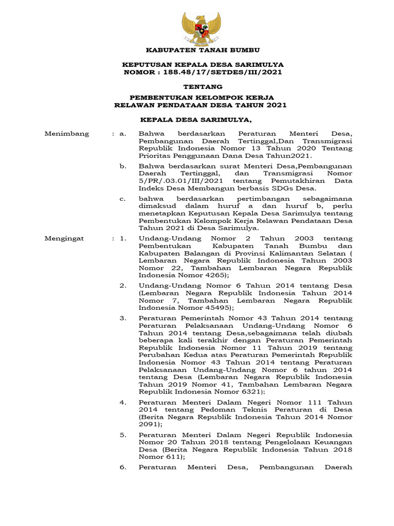 SK TAHUN 2021 NO.17 Tentang POKJA SDGs DESA Sarimulya | PDF