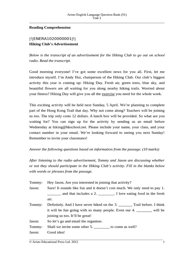 S1 Reading Comprehension Activities | PDF | English Language