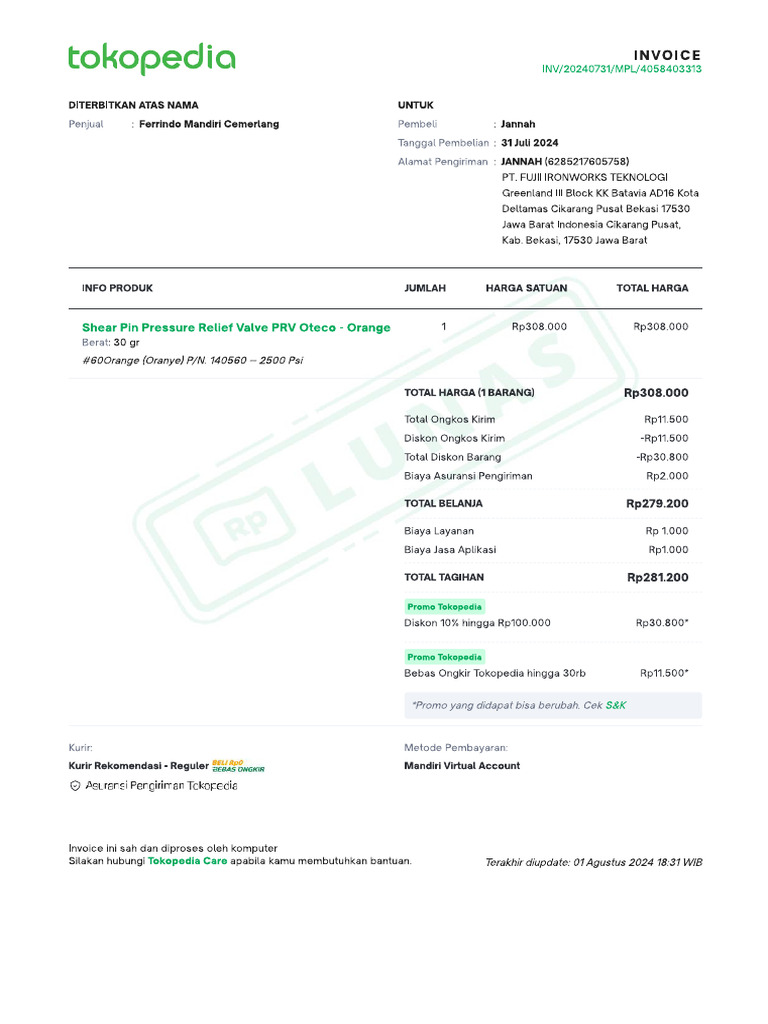 Invoice - Tokopedia Oteco | PDF