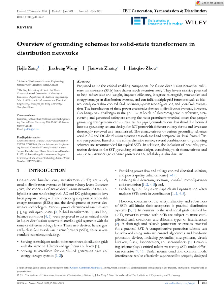 IET Generation Trans Dist - 2021 - Zang - Overview of Grounding Schemes ...