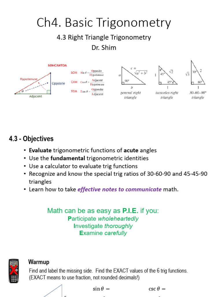 Lecture Notes 4.3 - RightTriangle Trig (F2023) | PDF | Trigonometry ...