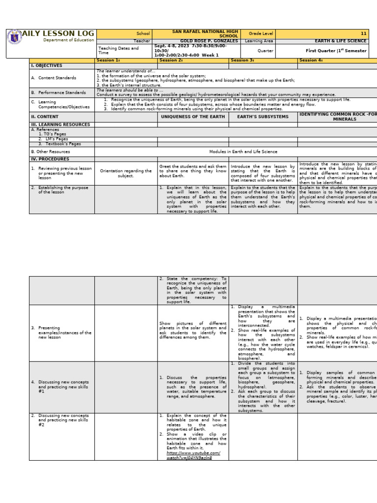DLL Els Quarter 1 Week 1 | PDF | Earth | System DLL Els Quarter 1 Week 1 | PDF | Earth | System