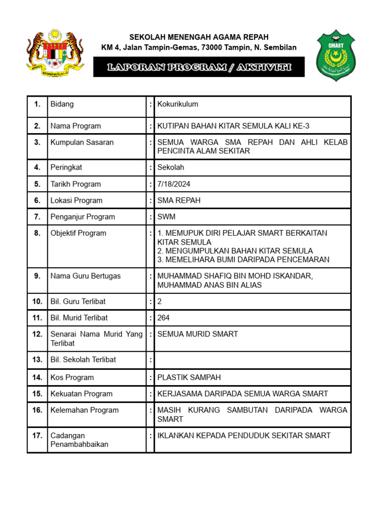 Laporan KUTIPAN BAHAN KITAR SEMULA KALI KE-3 7 - 18 - 2024 | PDF