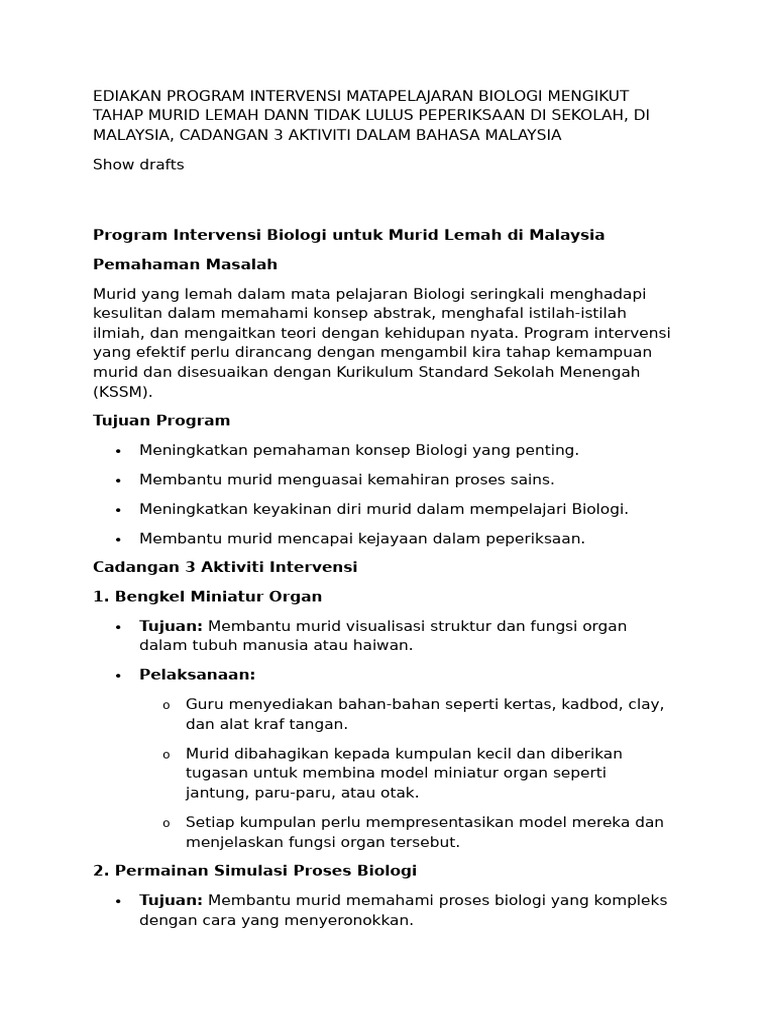 Program Intervensi Matapelajaran Biologi Mengikut Tahap Murid Lemah ...