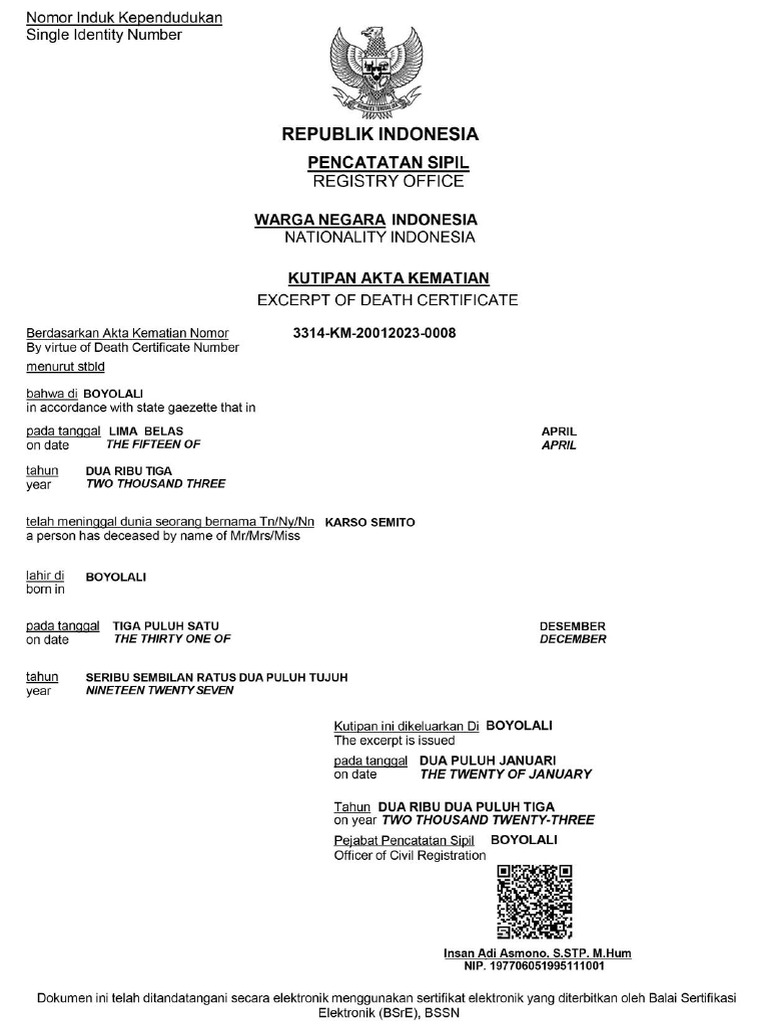 Akta Kematian Karso Semito | PDF