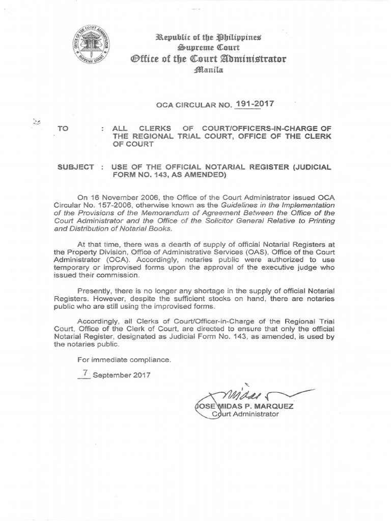 SC OCA Circular No.191-2017 - Use of Official Notarial Register | PDF