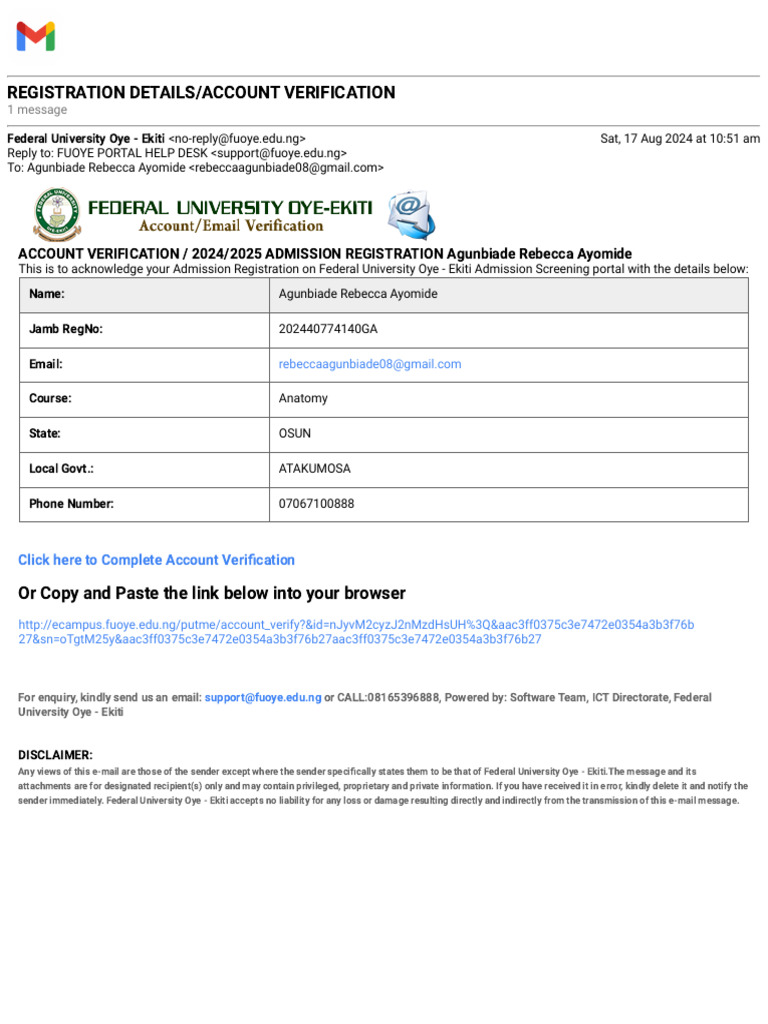 Gmail - Registration Details - Account Verification | PDF