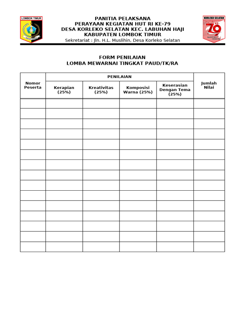 Form Penilaian Lomba Mewarnai | PDF