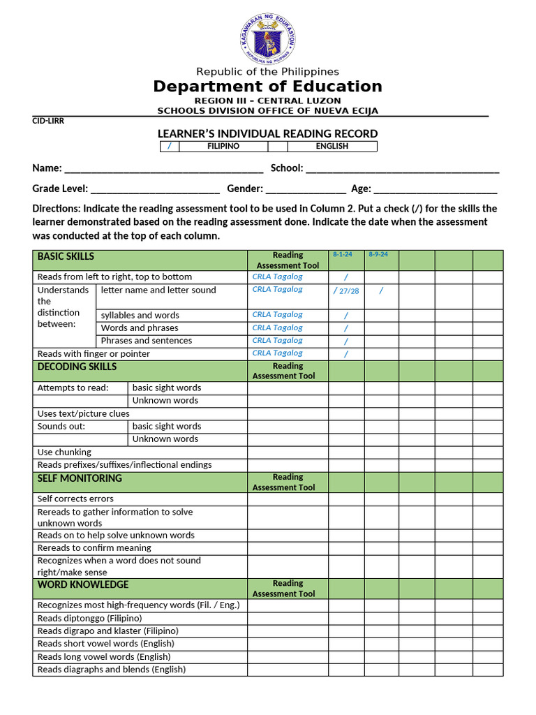 INDIVIDUAL-READING-RECORD Revisedrsr MCSB | PDF | English Language | Word