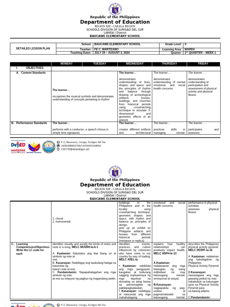 DLL - Mapeh 5 - Q1 - W1 - Contextualized | PDF