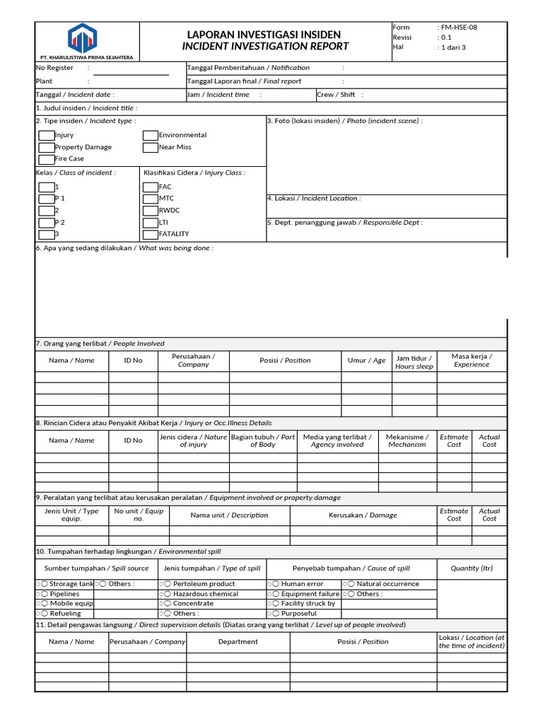 FM-HSE-08 Form Investigasi Insiden K3L | PDF