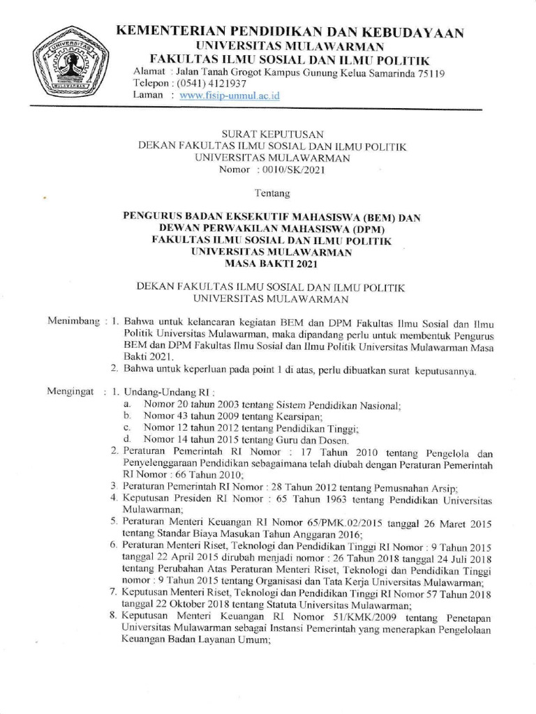 SK DEKAN TENTANG PENGURUS - BADAN - EKSEKUTIF - MAHASISWA - BEM - DAN - DEWAN - PERWAKILAN ...