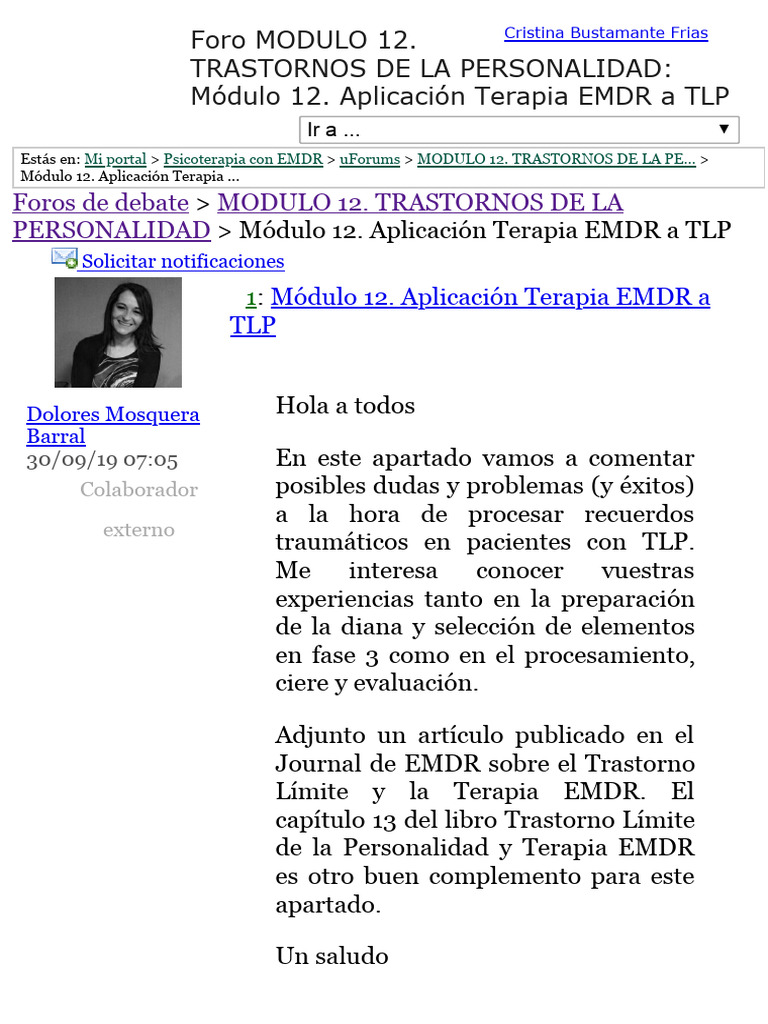Foro MÃ Dulo 12 AplicaciÃ N Terapia EMDR A TLP | PDF | Trastorno límite de la personalidad ...