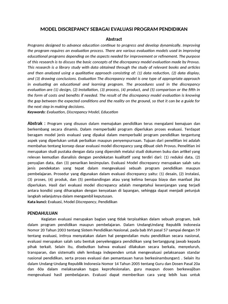 1067 Article-MODEL DISCREPANCY SEBAGAI EVALUASI PROGRAM PENDIDIKAN Edit ... 1067 Article-MODEL DISCREPANCY SEBAGAI EVALUASI PROGRAM PENDIDIKAN Edit ...