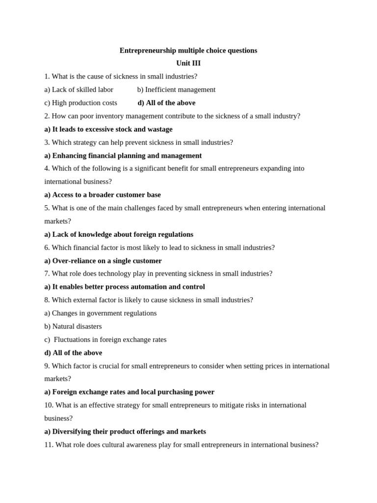 Entrepreneurship Multiple Choice Questions | PDF | Feasibility Study ...