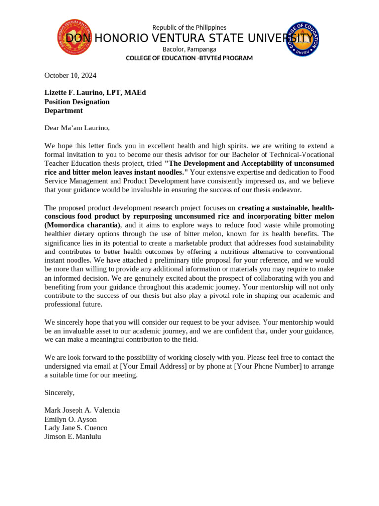 Letter To Thesis Advisor Template BTVTEd | PDF