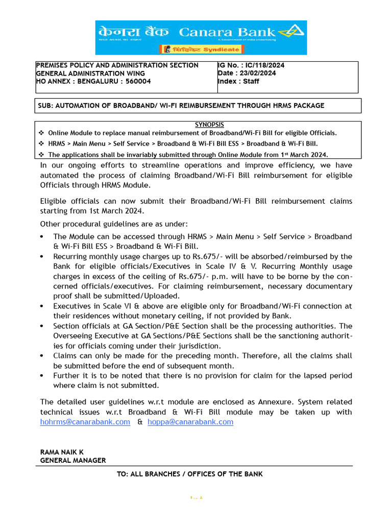 Premises Policy and Administration Section General Administration Wing Ho Annex: Bengaluru ...