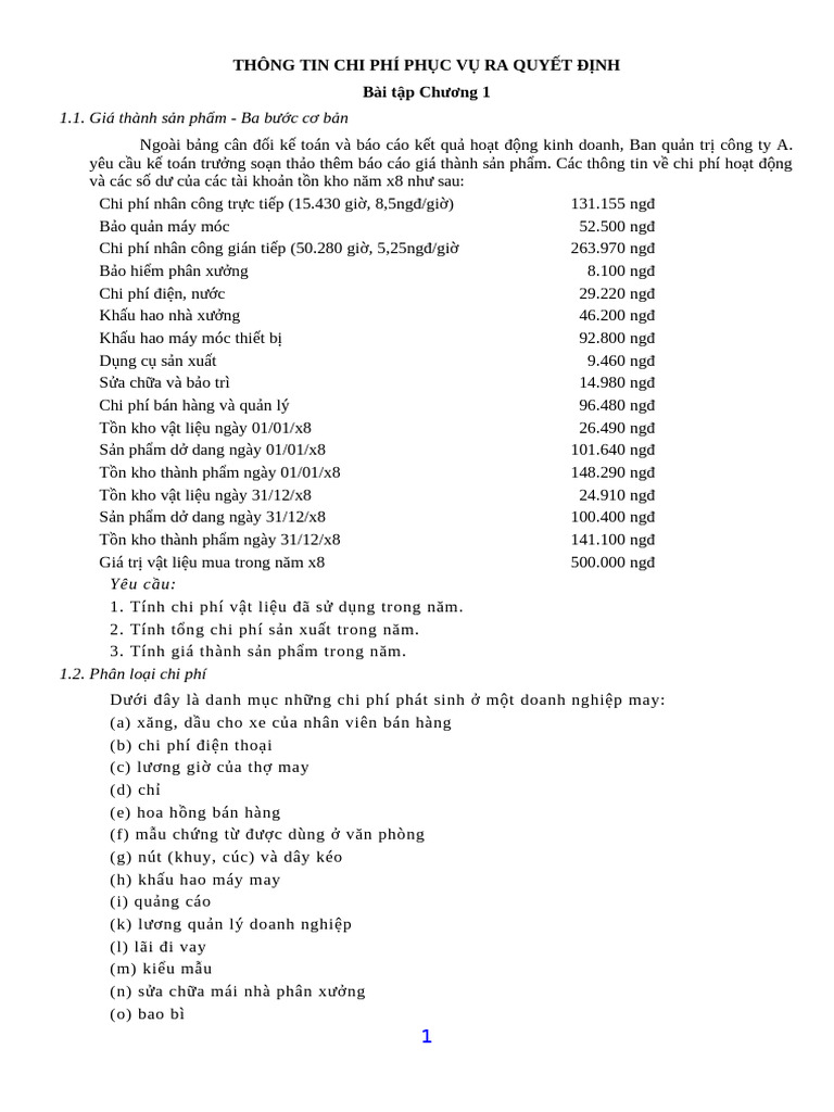 Bài Tập Ttcppvrqđ - chương 1 - tổng Quan Về Ktcp | PDF