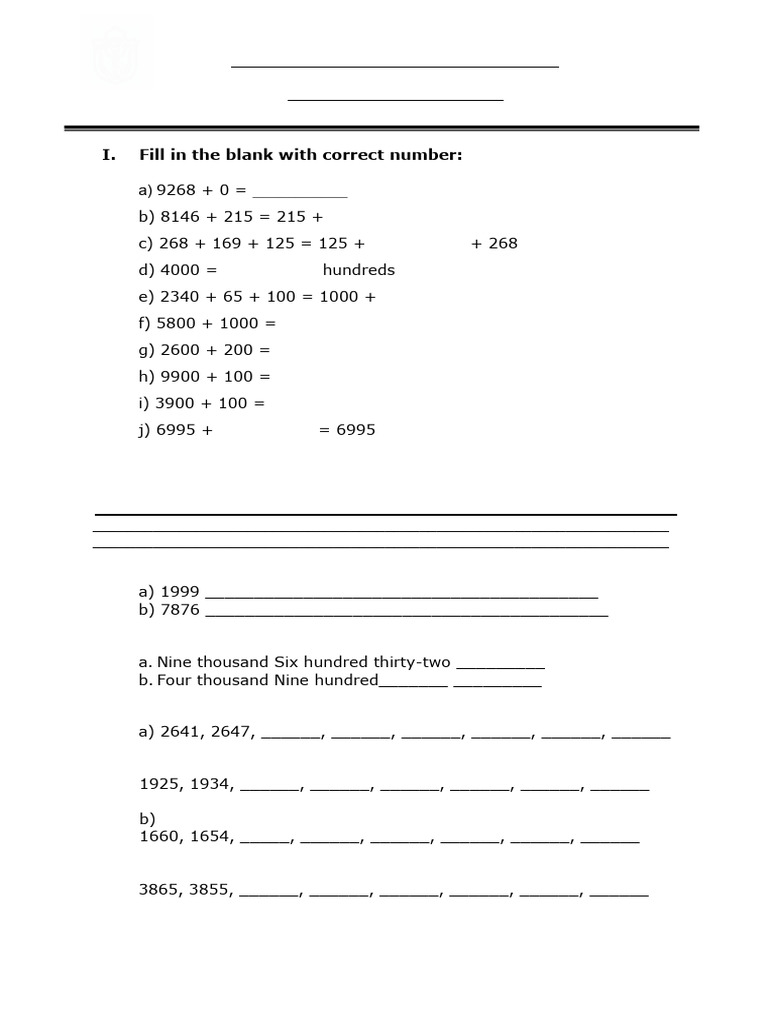 Class III Math Worksheet: Numbers & Time | PDF