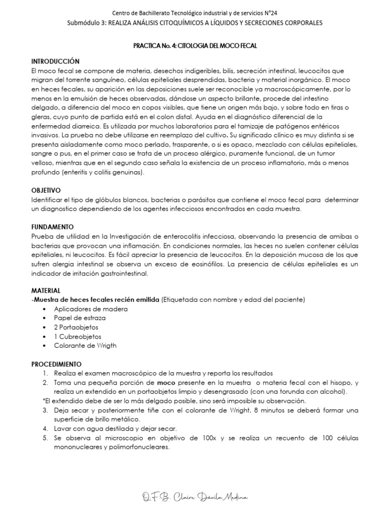Practica 4 Citologia Del Moco Fecal | PDF | Heces | Leucocito