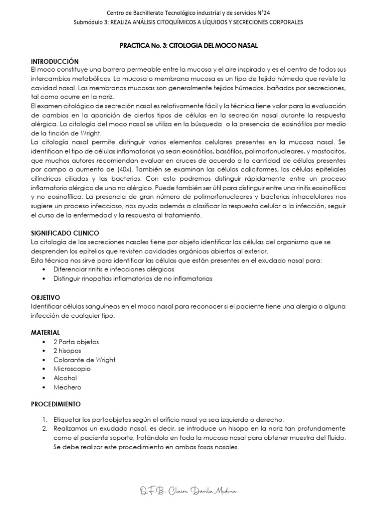 Practica 3 Citologia Del Moco Nasal | PDF | Alergia | Epitelio