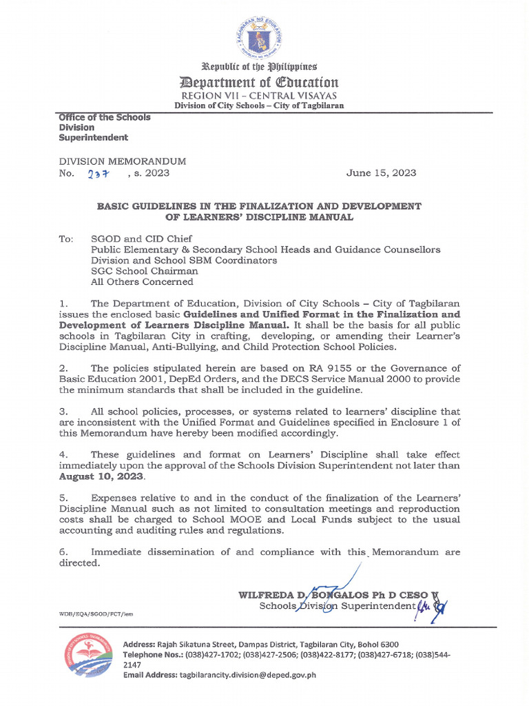 DM No. 237 S. 2023 Basic Guidelines in The Finalization and Development ...