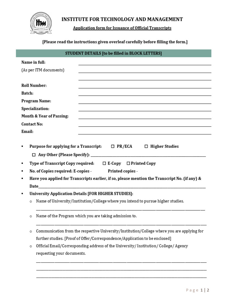 Official Transcript Application Form | PDF | Business | Finance & Money ...